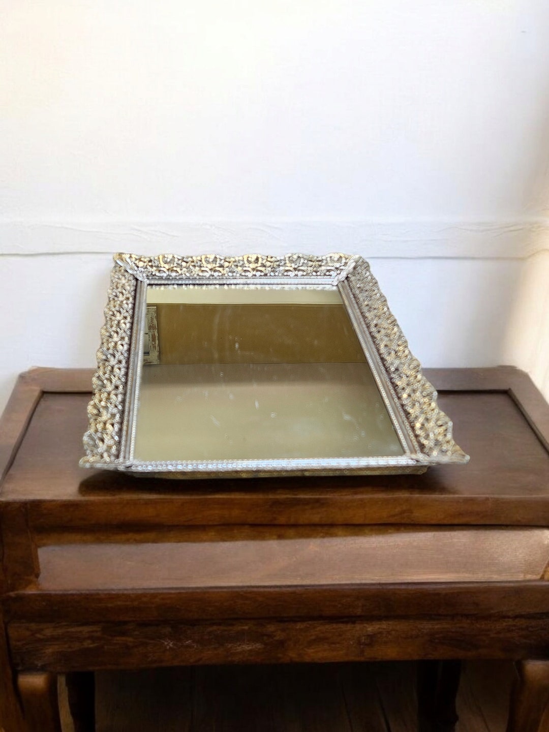 Large Rectangle Mirrored Vanity Dresser Tray Gold and Silver Toned ...
