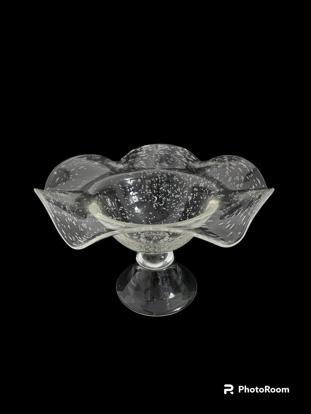 Glass, Large Clear Glass Bowl Dish on Pedestal With Ruffled Edges and ...