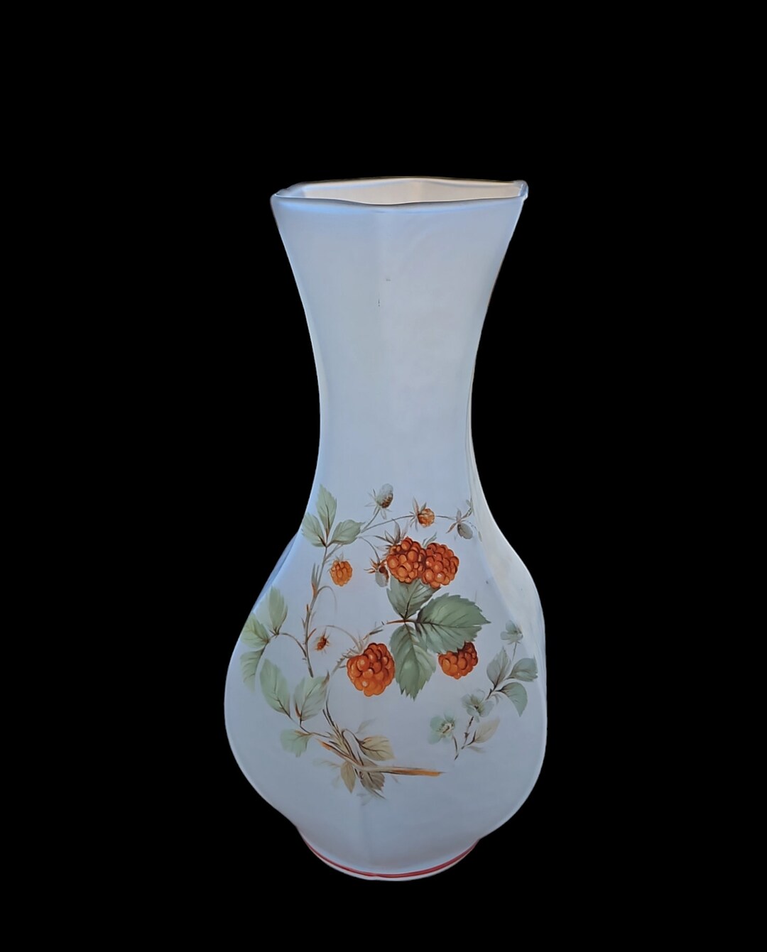 Viking Glass Vase, Frosted White With Hand Painted Raspberries, Viking ...