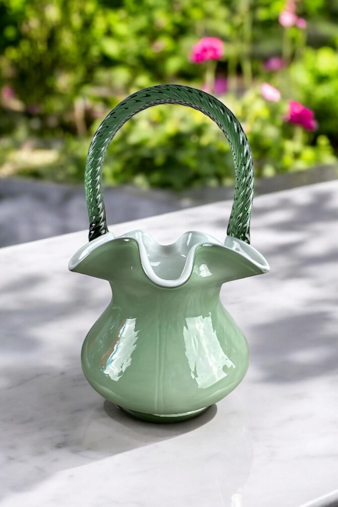 Fenton Spruce Green Overlay Drapery Glass Basket With Crimped Ruffled ...