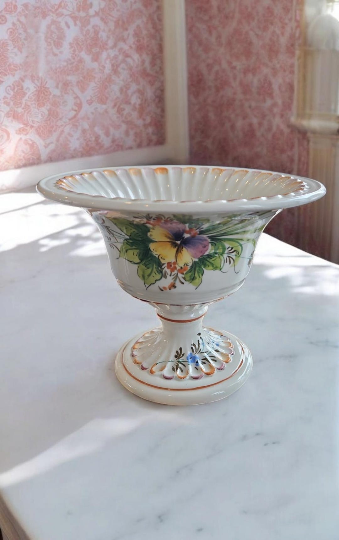 Made in Italy Hand Painted Bowl Pedestal Compote Dish With Pansies ...