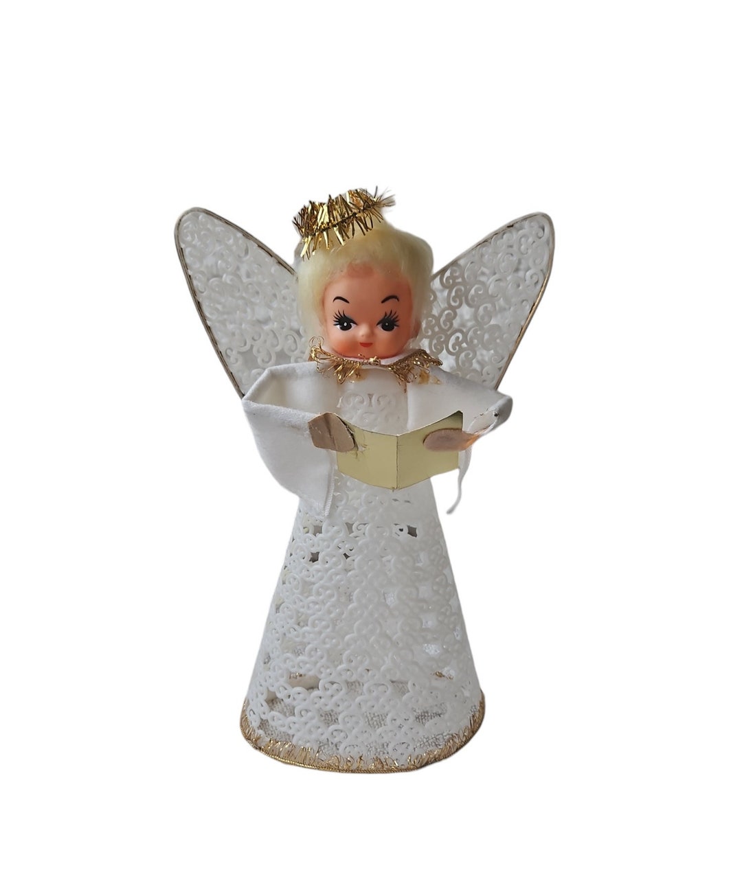 Heavenly Angel Christmas Tree Topper Vintage White Plastic Lace, Yellow ...