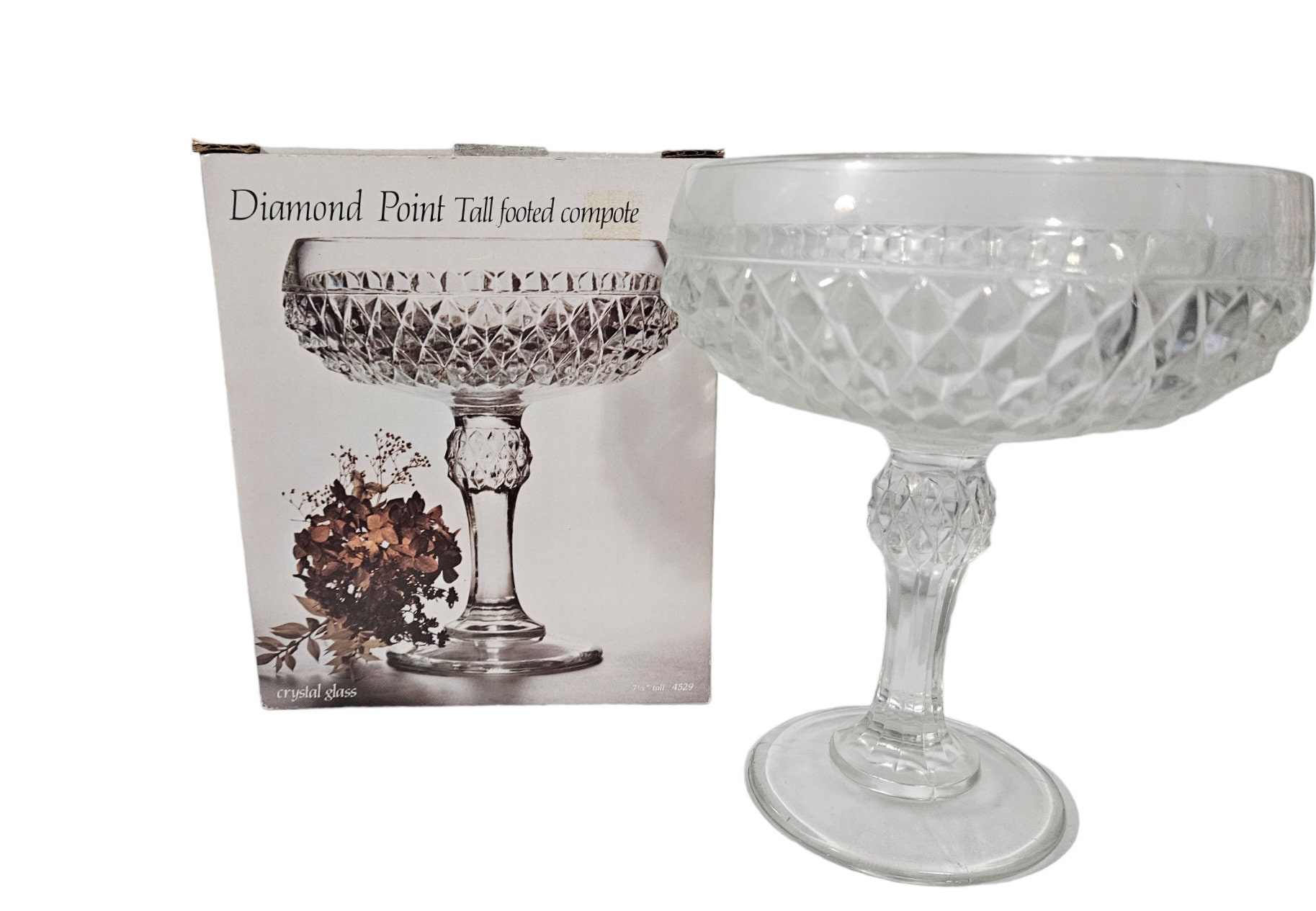 Glass, Indiana Glass Compote 7 1/2" Diamond Point Tall Pedestal Candy ...