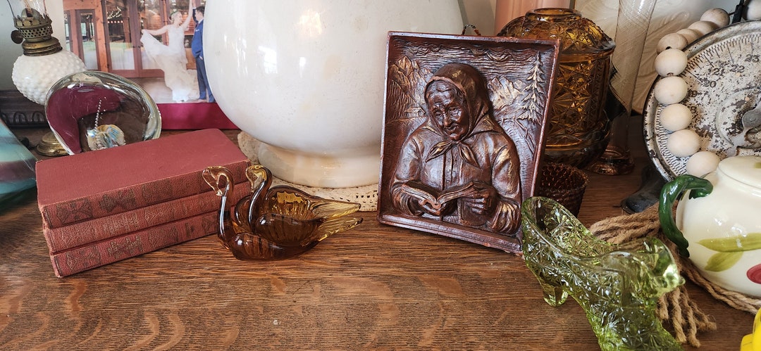 Wall Decor, Peasant Woman Reading Book German 3D Relief Molded Wax ...