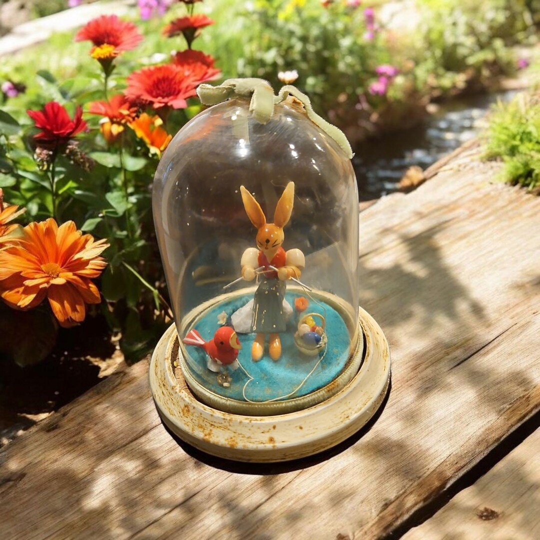 Miniture Filled Glass Cloche Wit Rabbit Knitting, Easter Bunny Shelf ...