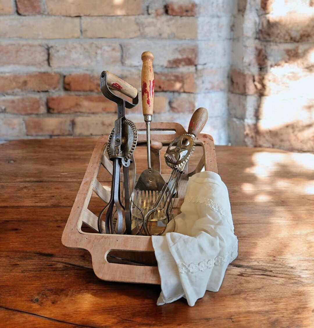 Vintage Wood Handle Utensils, 2 Egg Beaters and One Slotted Spoon ...