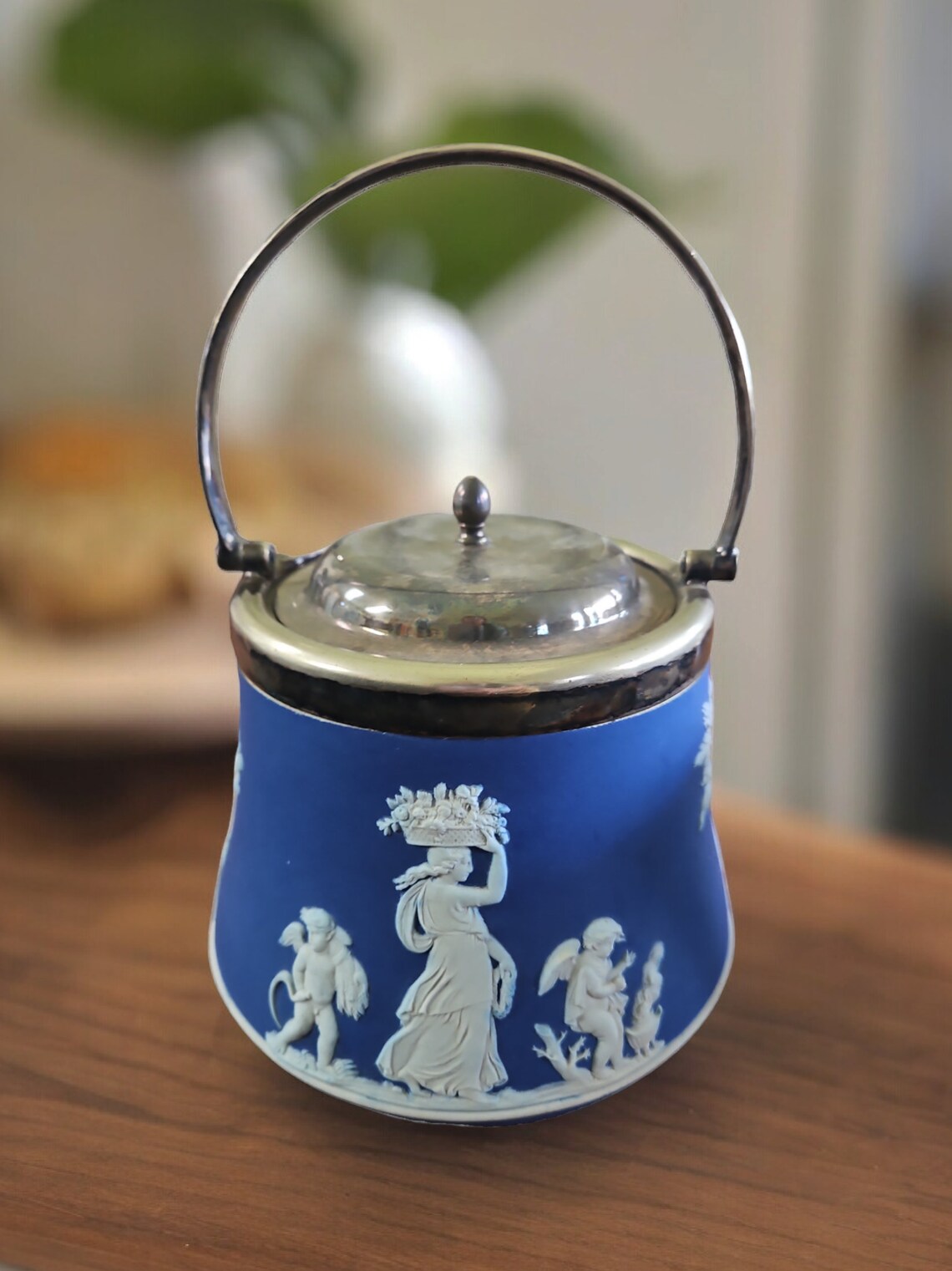 Wedgwood Jasper Biscuit Barrel - Dipped Blue Jasperware Silver Handle ...