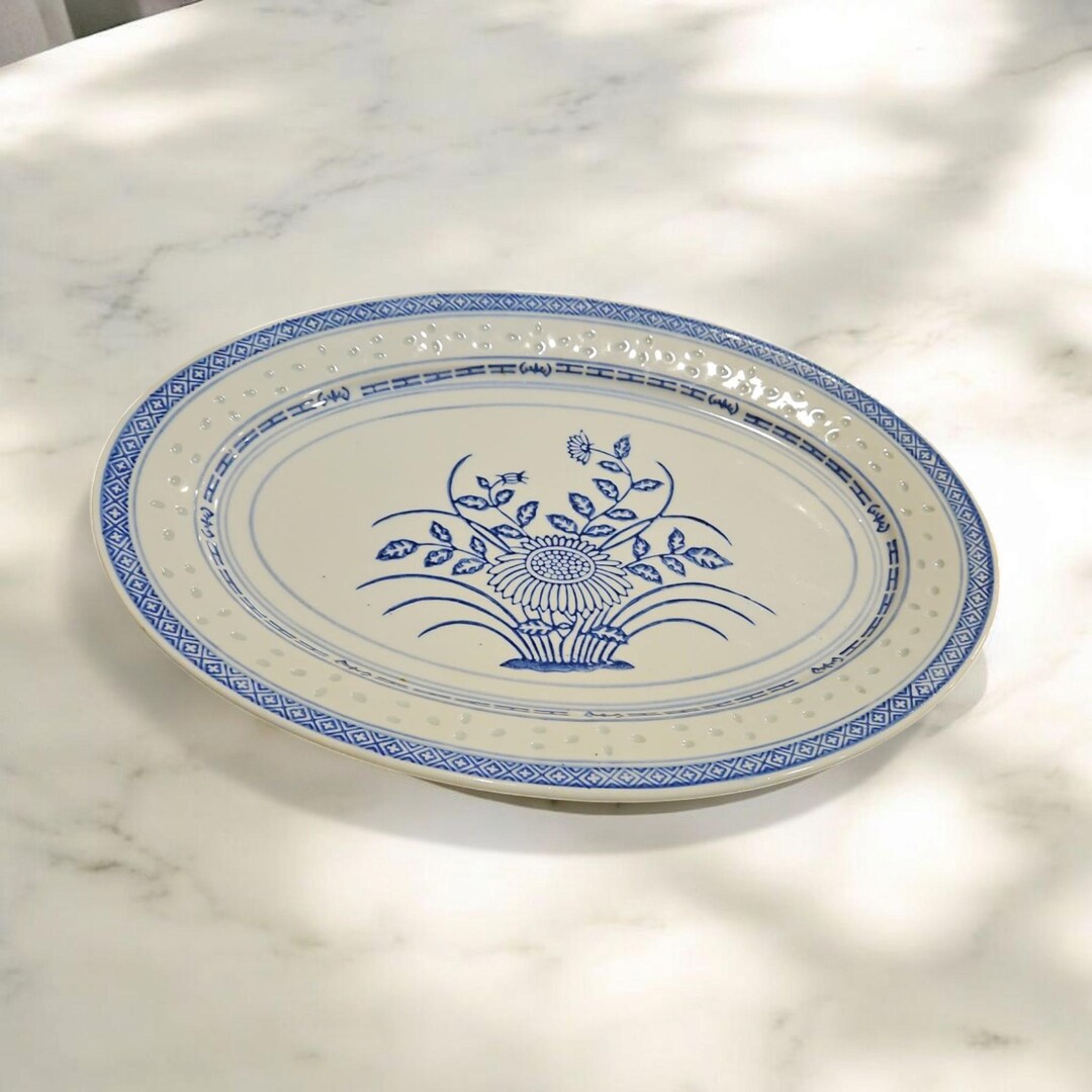 Chinese Rice Light Platter, Oval Porcelain Rice Eye/grain Blue White ...