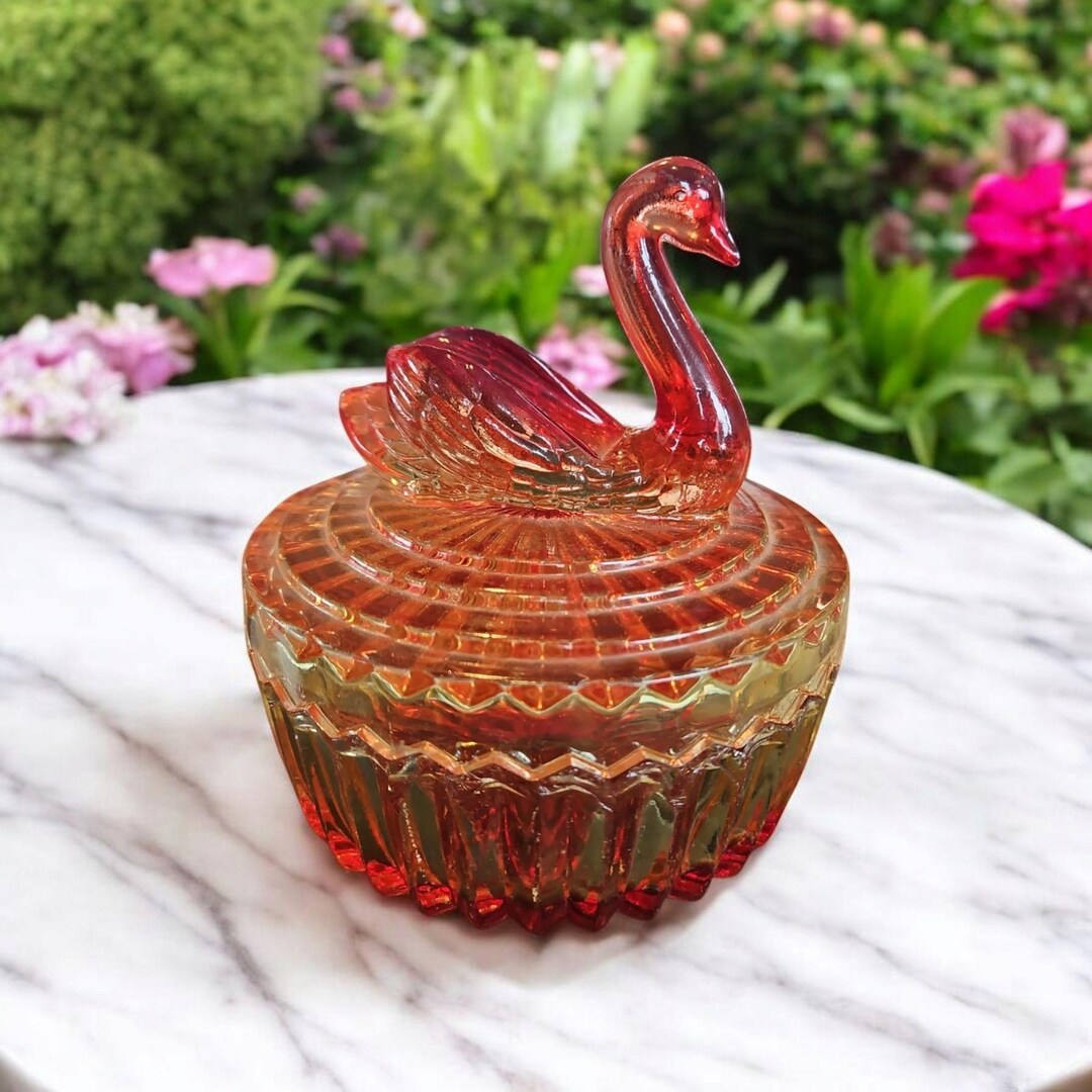 1970's Jeanette Amberina Swan Glass Powder Trinket Dish Red Orange ...