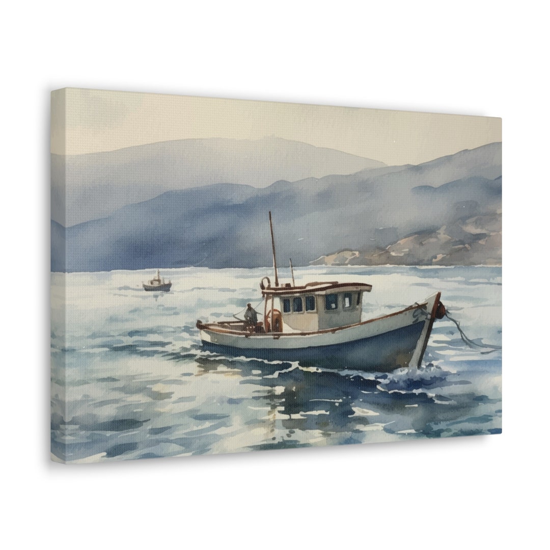 Aegean Sea Fishing Boat Open Ocean Scene Water Color Painting Ready to ...