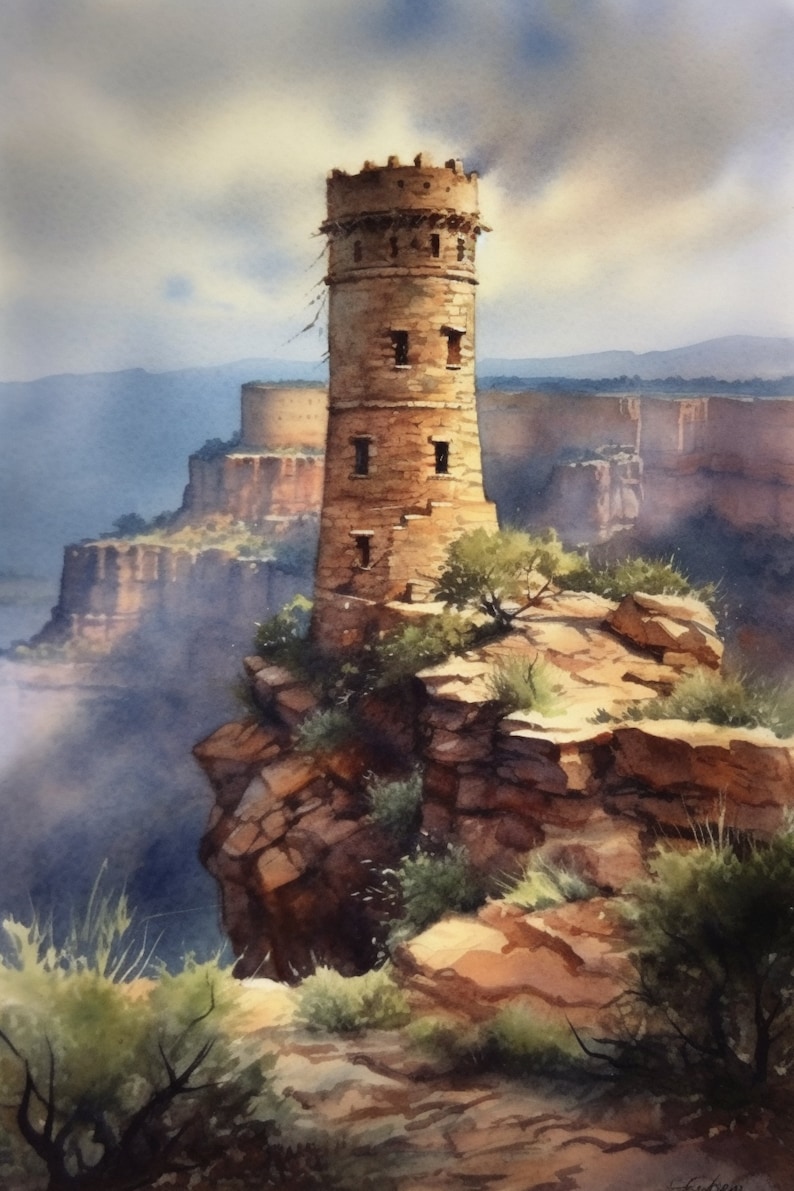 Desert View Watch Tower Grand Canyon View Scene Water Color Painting ...
