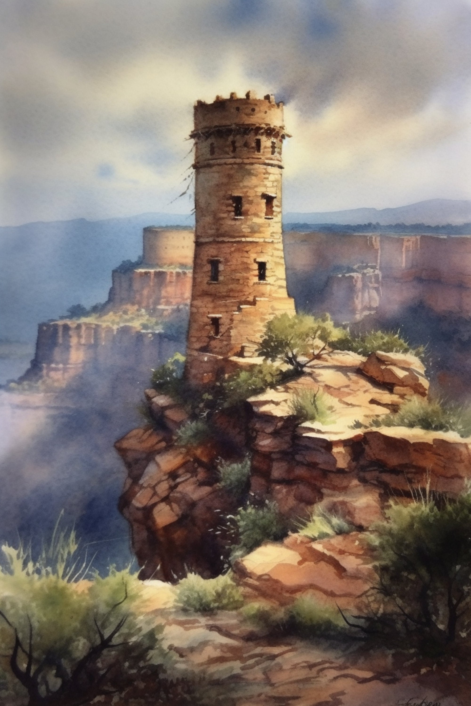 Desert View Watch Tower Grand Canyon View Scene Water Color Painting ...