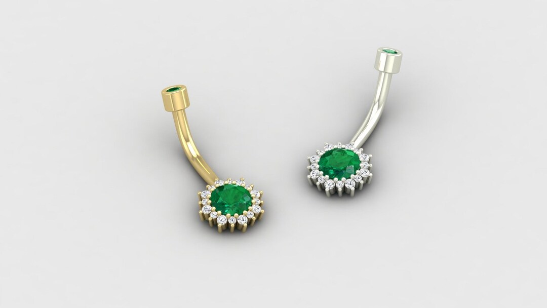 14K Navel Piercing, Emerald Belly Button Ring, Rook Belly Lip Piercing, Eyebrow Gold Barbel ...