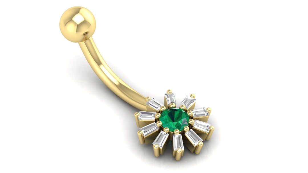 14k Gold Emerald & Diamond Baguette Belly Button Ring - Etsy