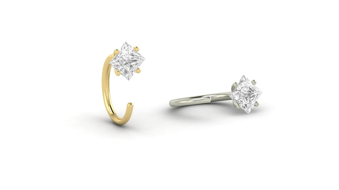 14K Yellow Gold Princess Cut, Lab Grown Diamond Stud Nose Pin, Wire ...