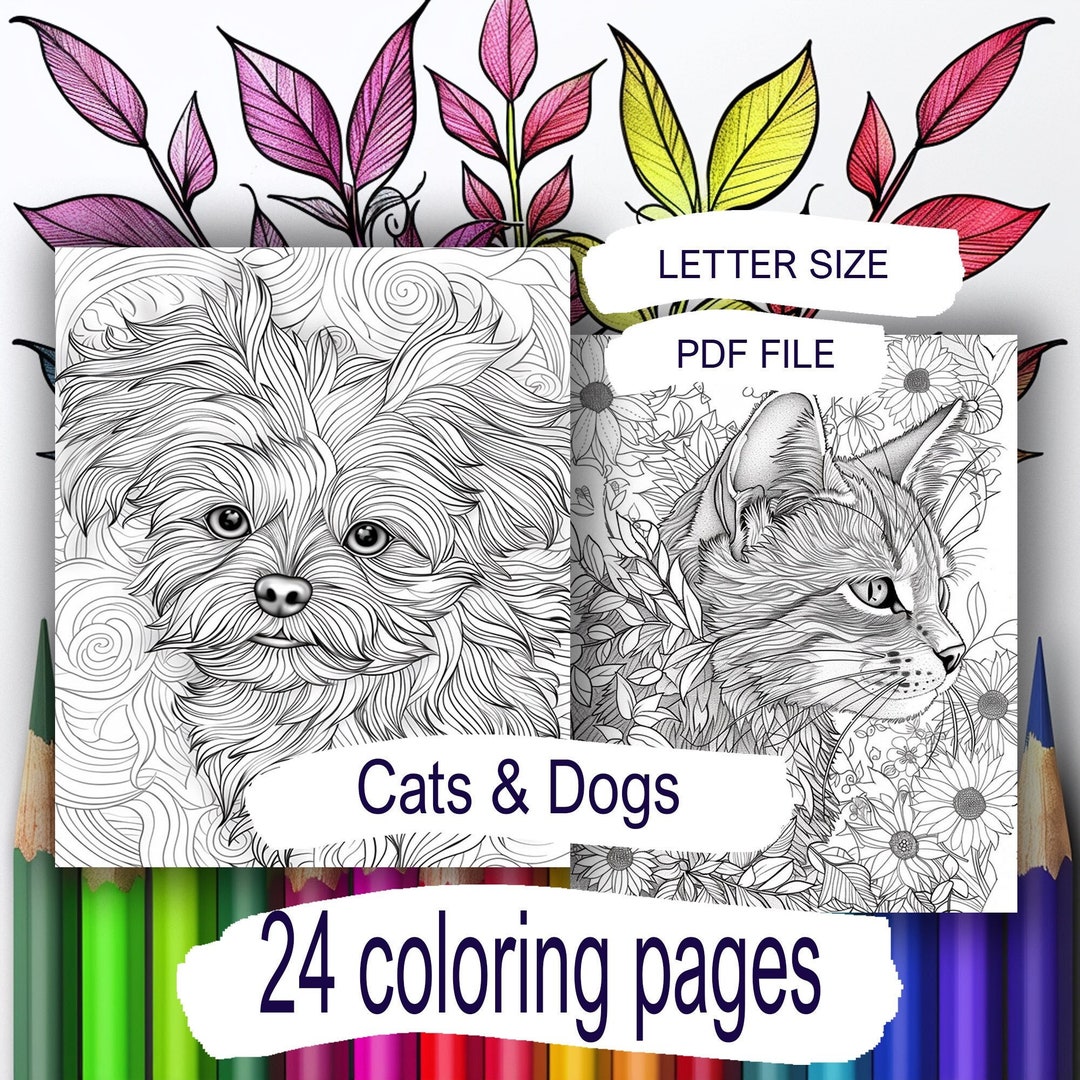 24 Coloring Pages: Cats & Dogs Printable PDF 8.5x11 Inches - Etsy