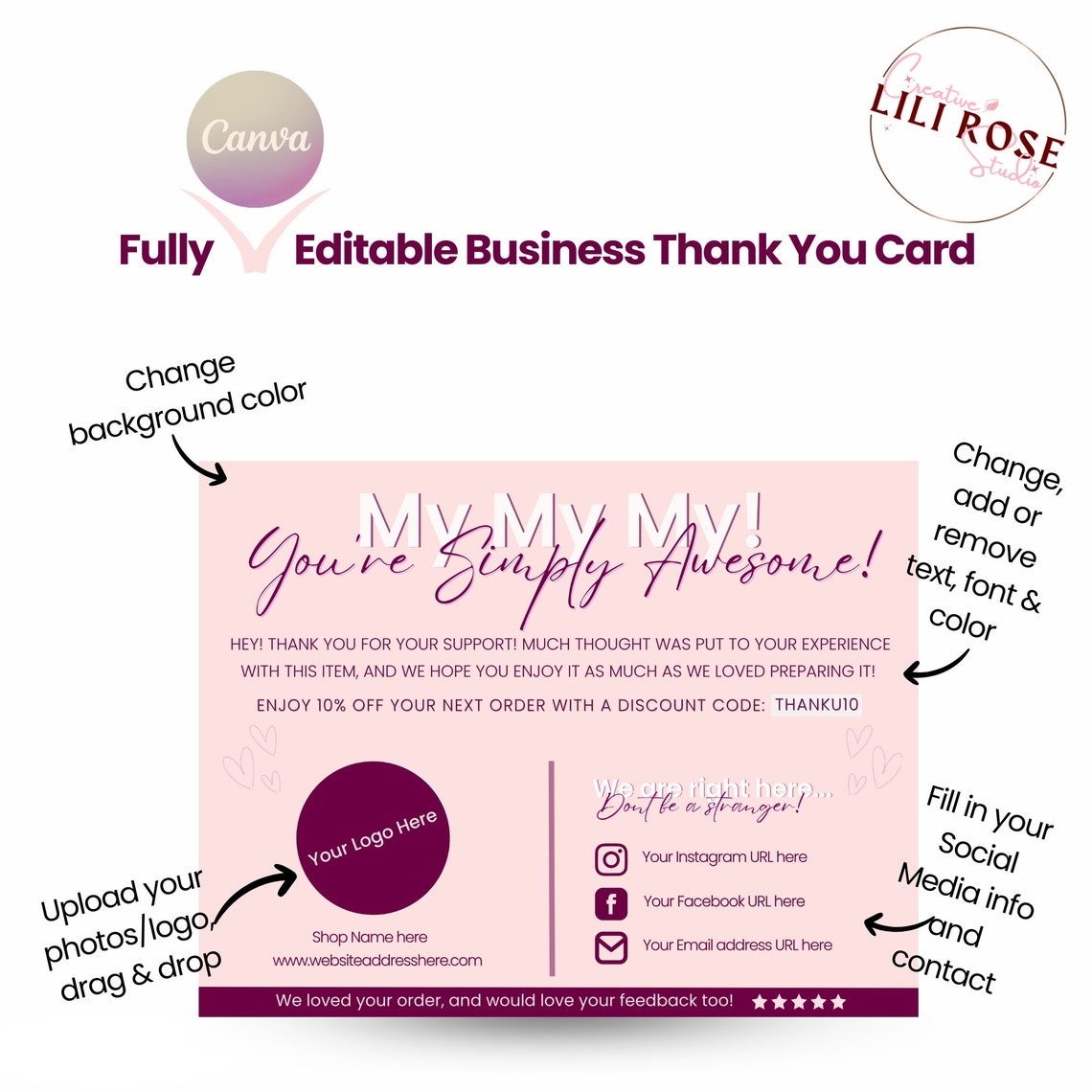 Business Thank You Card Template, Printable or Digital Thank You Card ...
