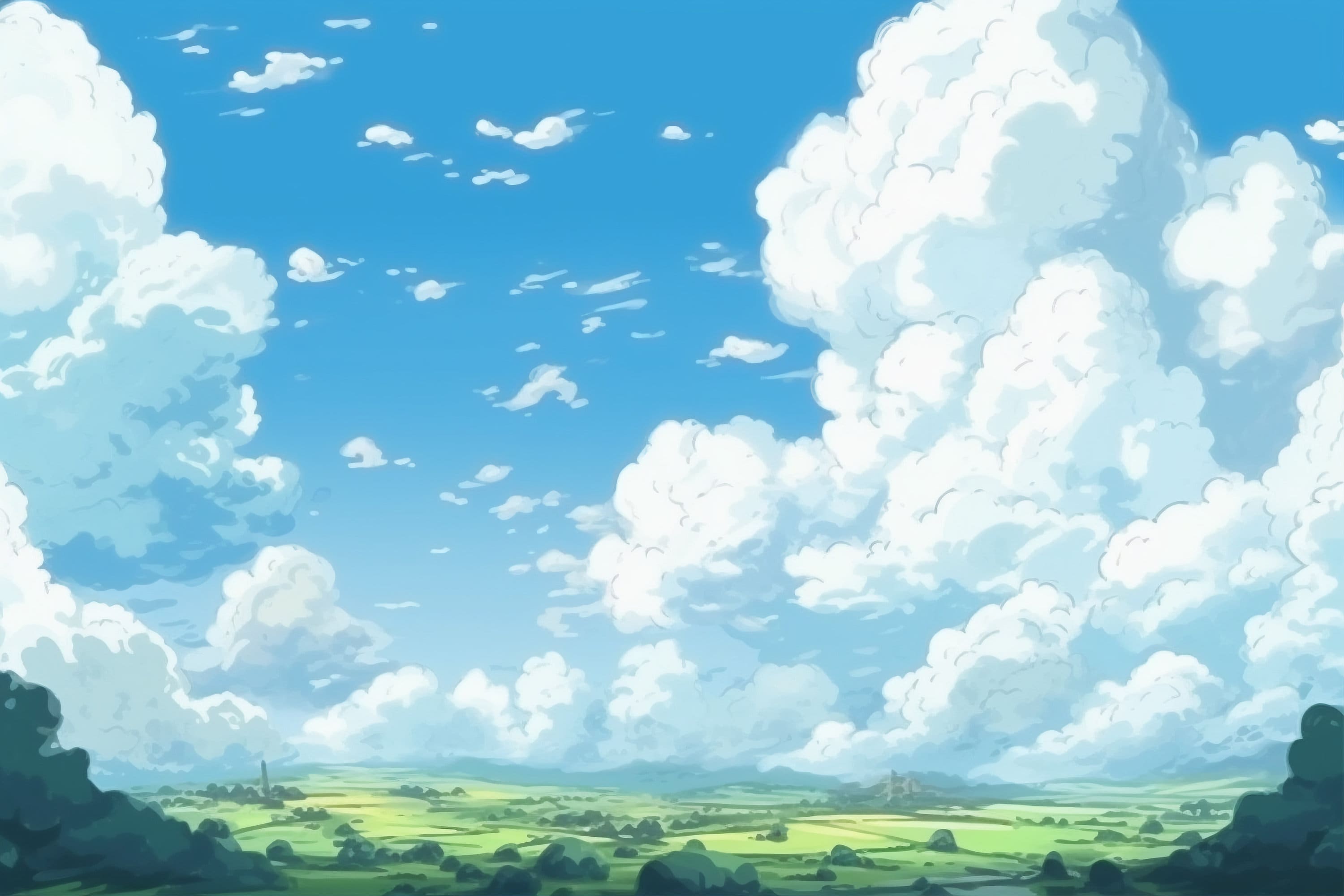 Cloudy Sky Studio Ghibli Style Hand Drawn Style Digital Art, Wall Decor ...