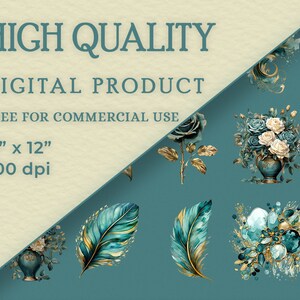 Watercolor Aqua and Gold Floral Clipart Flowers and Leaves - Etsy