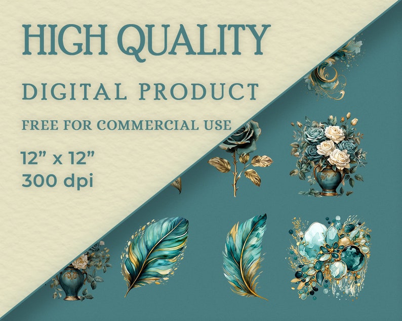 Watercolor Aqua and Gold Floral Clipart Flowers and Leaves - Etsy