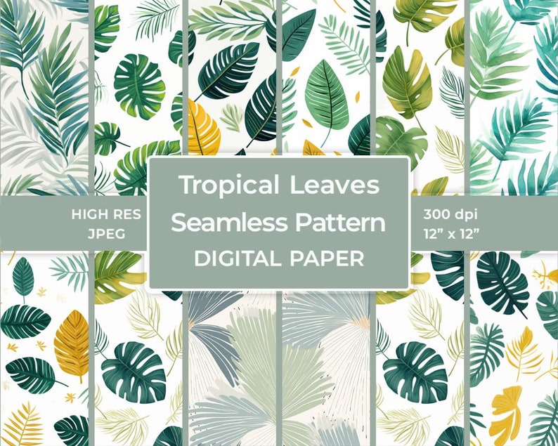 Watercolor Tropical Leaves Digital Papers Seamless Palm Green - Etsy