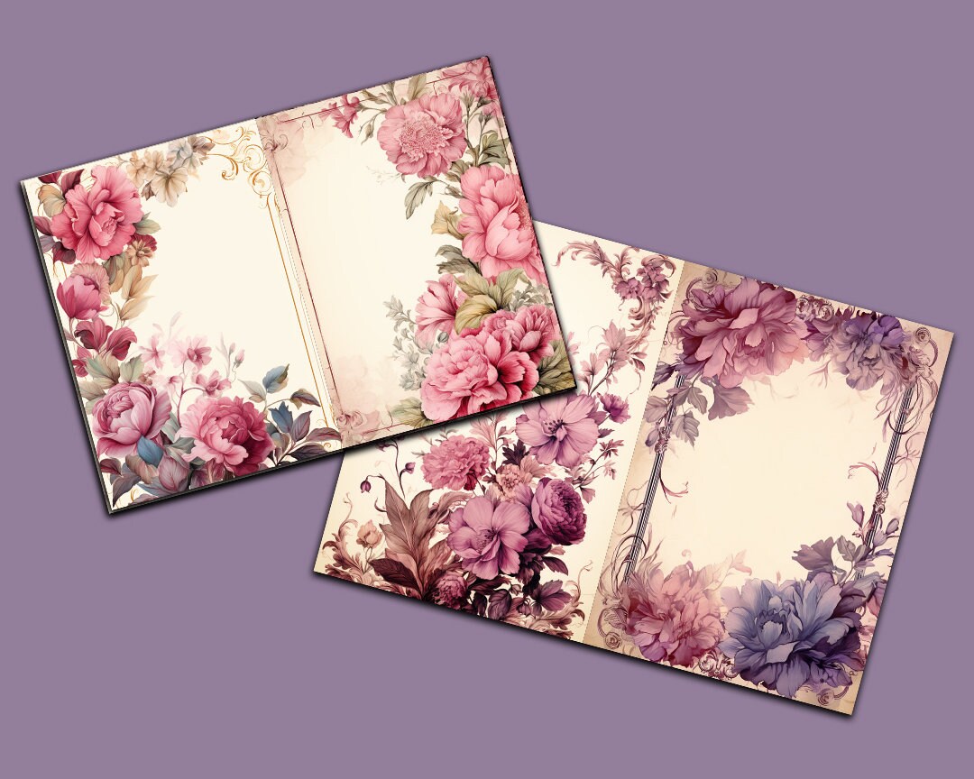 Purple Notes Floral Journal Papers Romantic Notebook Sheets for Antique ...