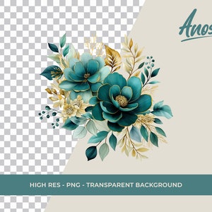 Watercolor Aqua and Gold Floral Clipart Flowers and Leaves - Etsy