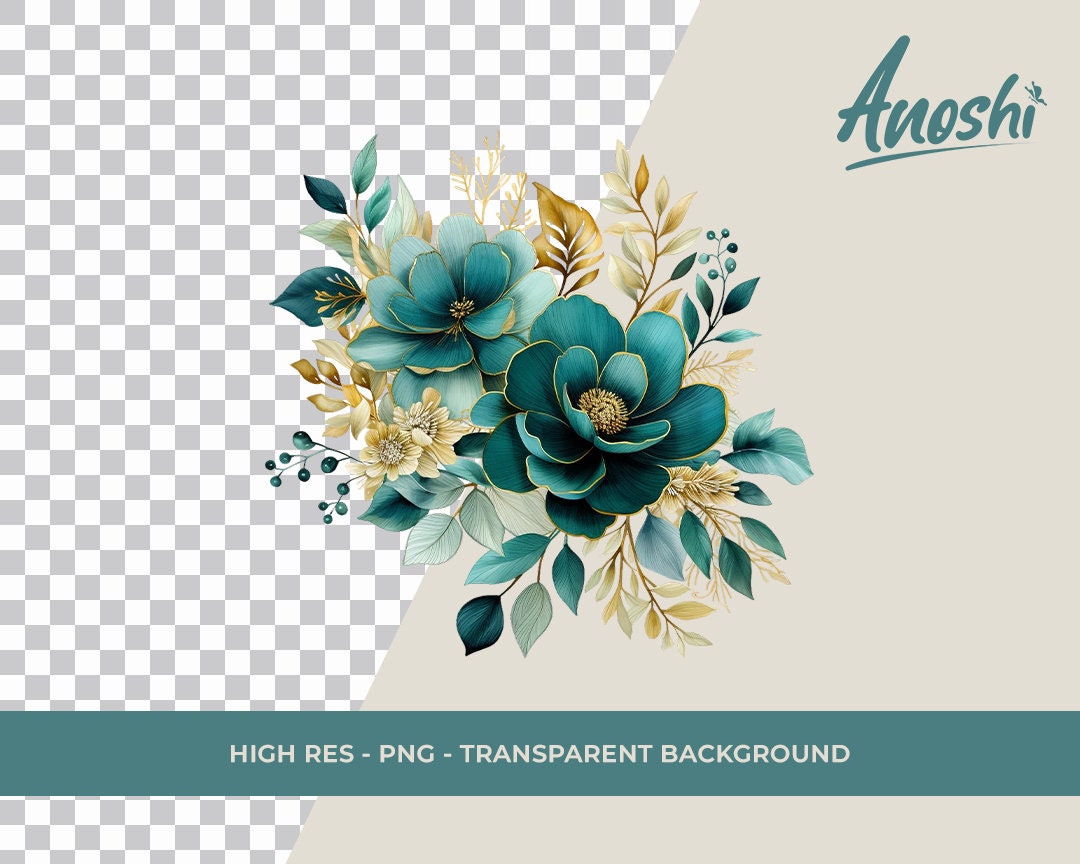 Watercolor Aqua and Gold Floral Clipart Flowers and Leaves - Etsy