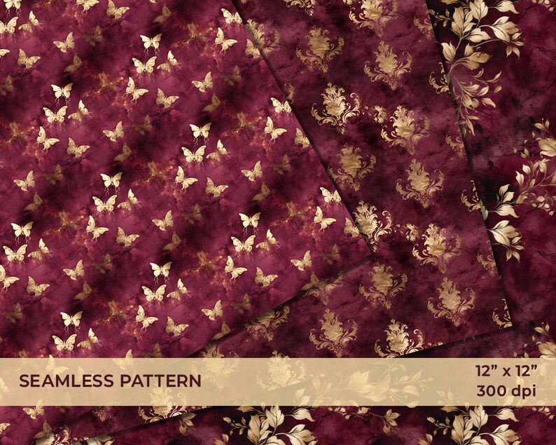 Burgundy & Gold Digital Paper Seamless Luxury Paper Vintage Scrapbook ...