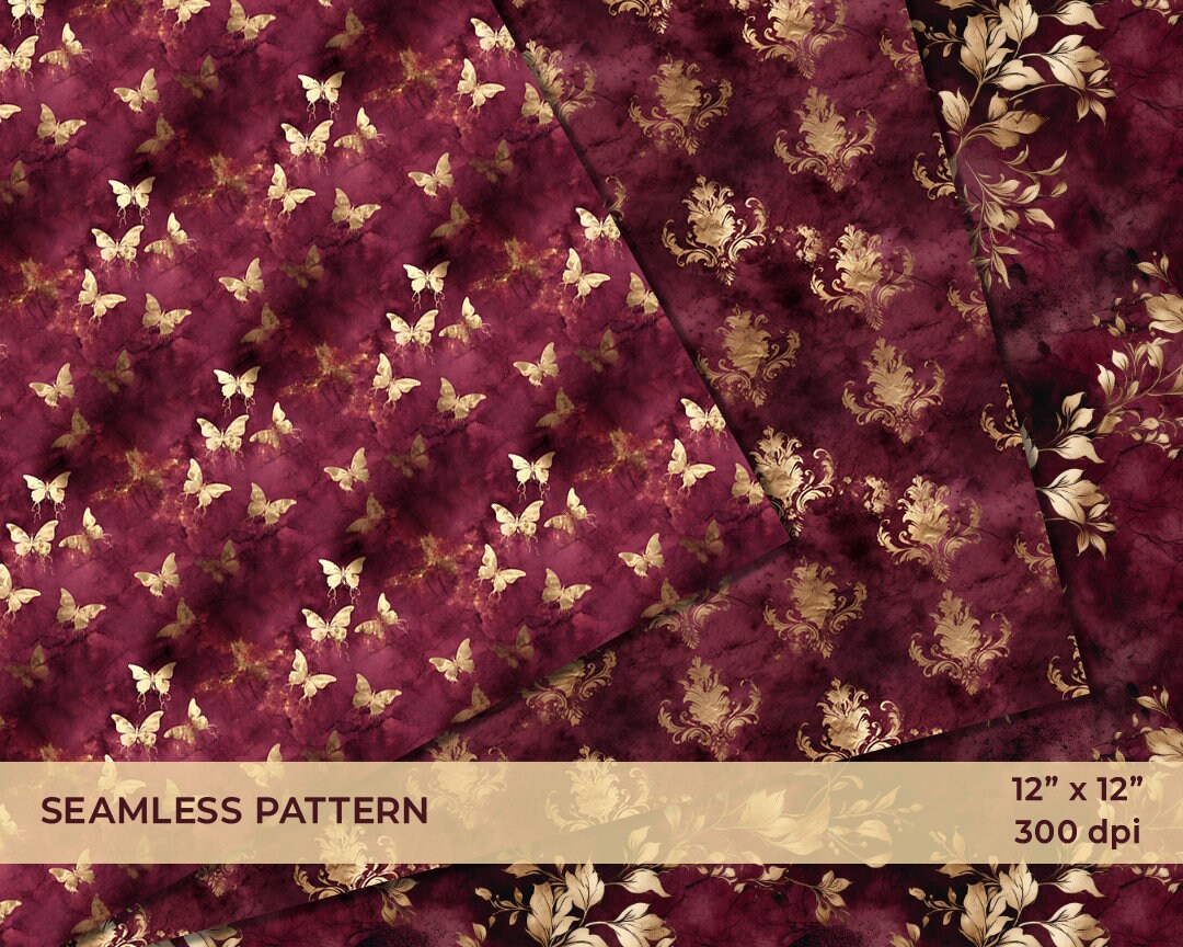 Burgundy & Gold Digital Paper Seamless Luxury Paper Vintage Scrapbook ...
