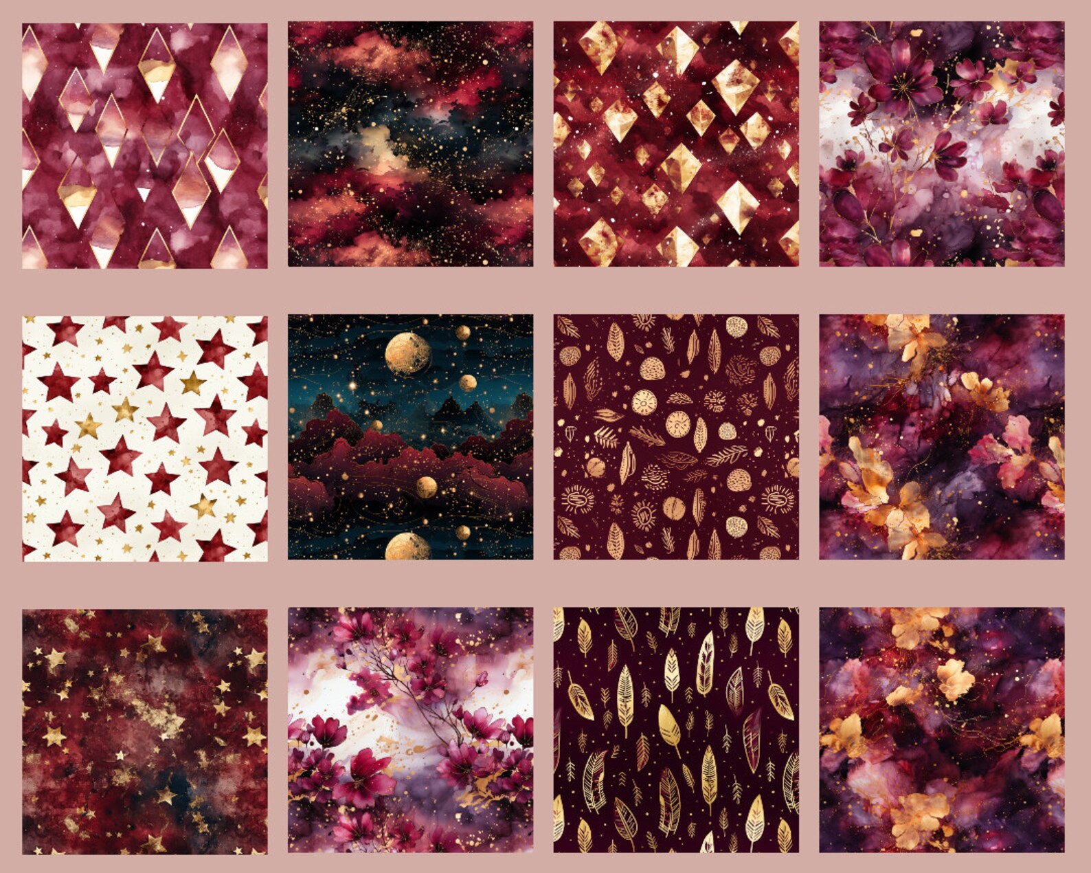 Burgundy & Gold Luxury Digital Paper Seamless Red Gold Foil Backgrounds ...