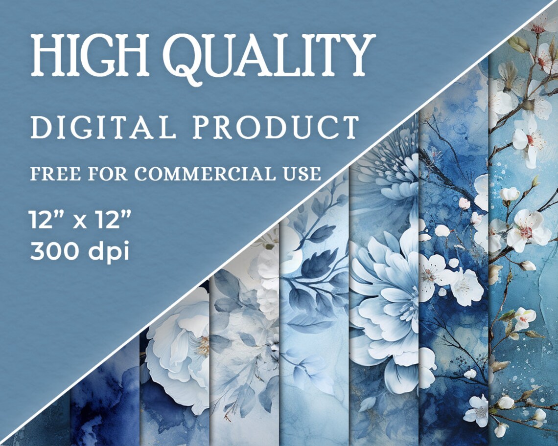 Dusty Blue Floral Digital Paper Watercolor Abstract Blue Texture ...