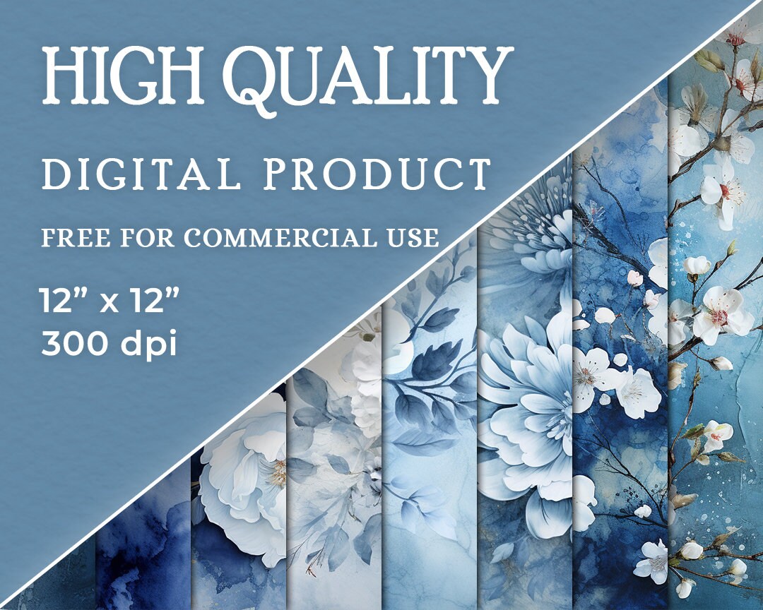 Dusty Blue Floral Digital Paper Watercolor Abstract Blue Texture ...