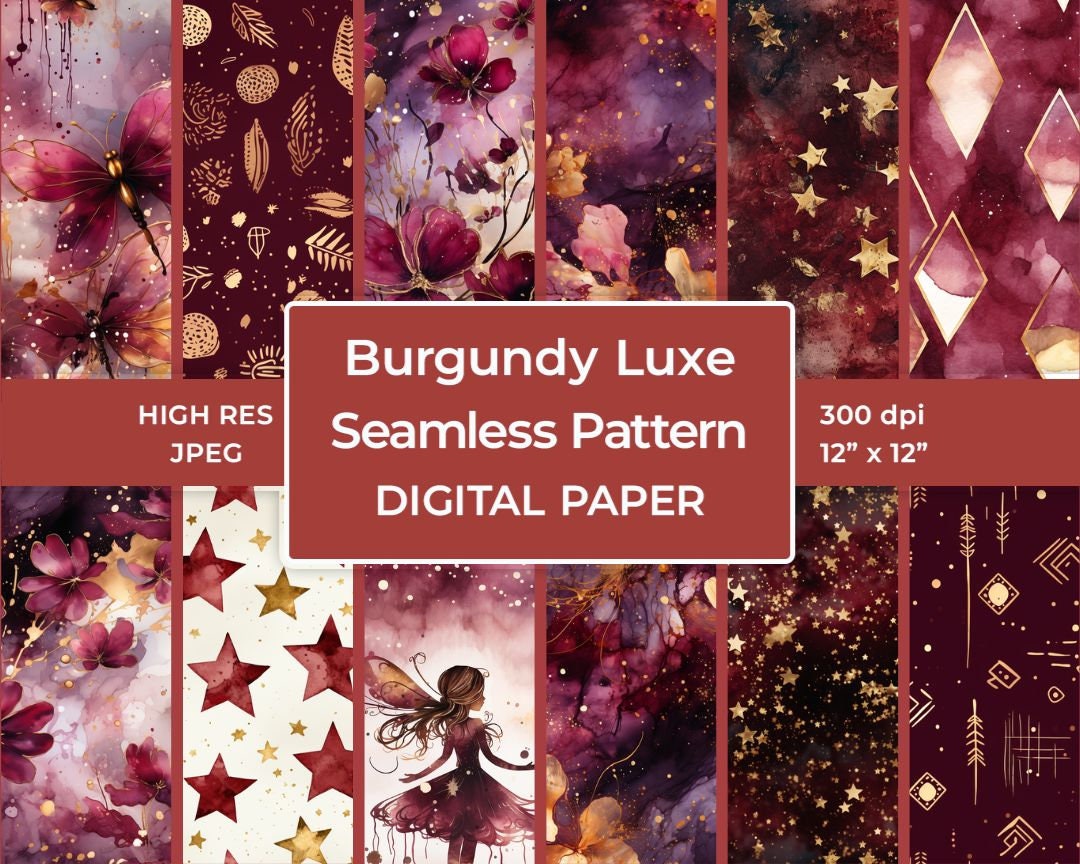 Burgundy & Gold Luxury Digital Paper Seamless Red Gold Foil Backgrounds ...