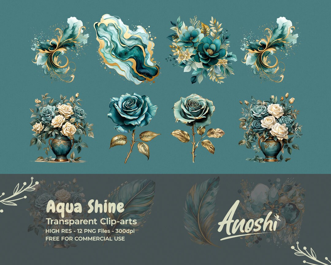 Watercolor Aqua and Gold Floral Clipart Flowers and Leaves - Etsy