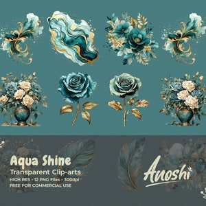 Watercolor Aqua and Gold Floral Clipart Flowers and Leaves - Etsy