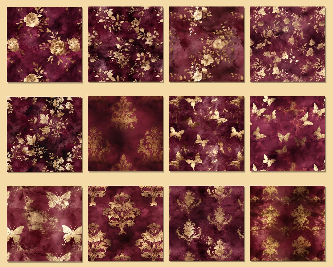Burgundy & Gold Digital Paper Seamless Luxury Paper Vintage Scrapbook ...