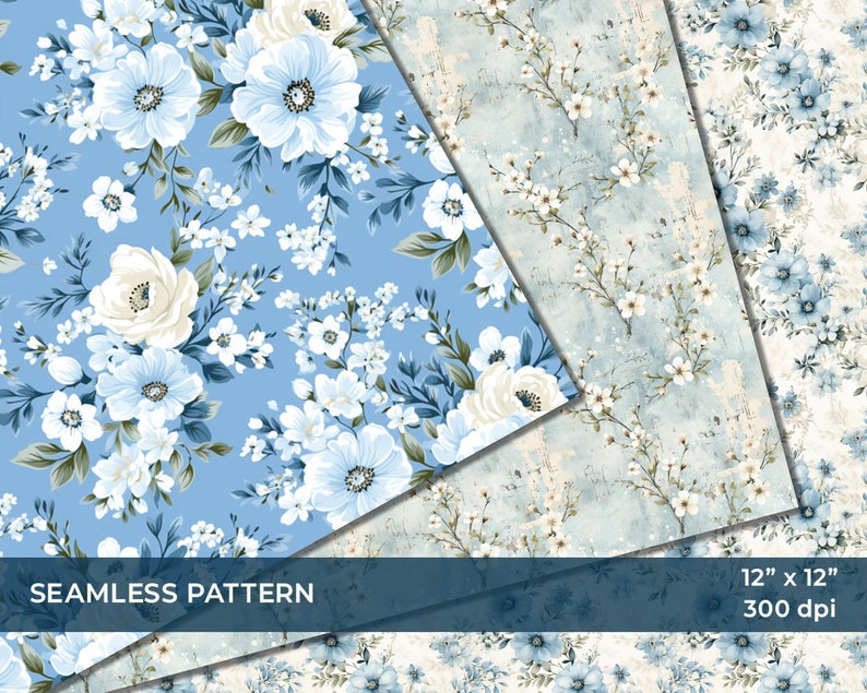 Watercolor Blue Floral Digital Paper Shabby Blue Seamless - Etsy