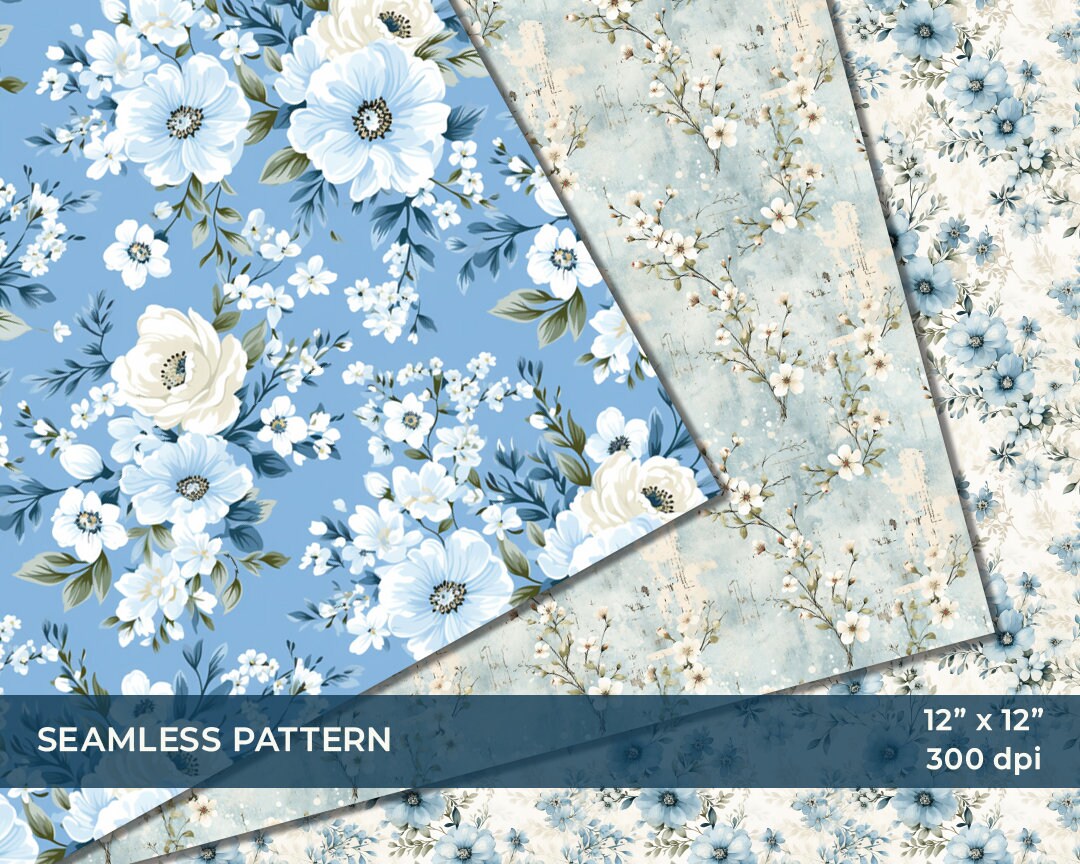 Watercolor Blue Floral Digital Paper Shabby Blue Seamless - Etsy