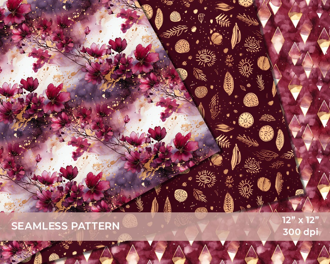 Burgundy & Gold Luxury Digital Paper Seamless Red Gold Foil Backgrounds ...