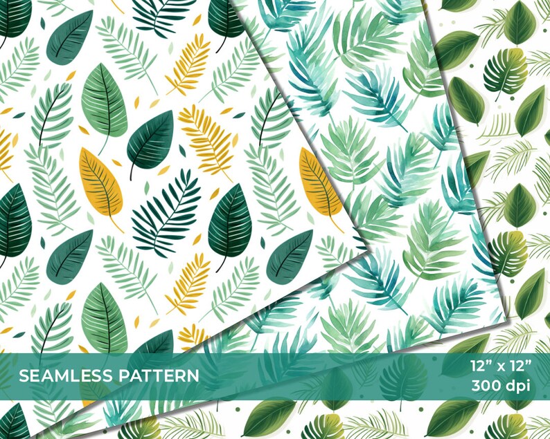 Watercolor Tropical Leaves Digital Papers Seamless Palm Green - Etsy