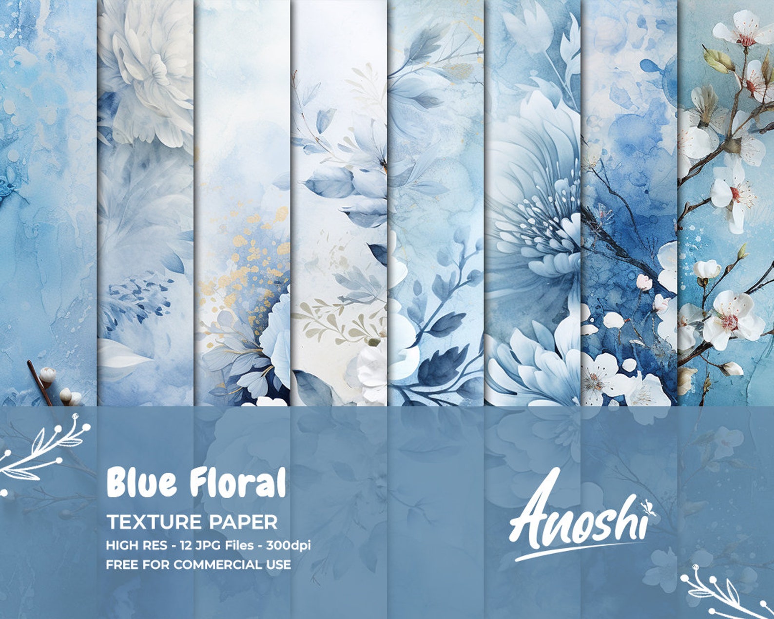 Dusty Blue Floral Digital Paper Watercolor Abstract Blue Texture ...