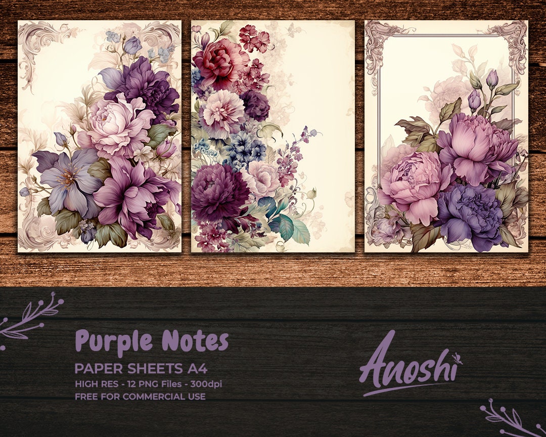 Purple Notes Floral Journal Papers Romantic Notebook Sheets for Antique ...