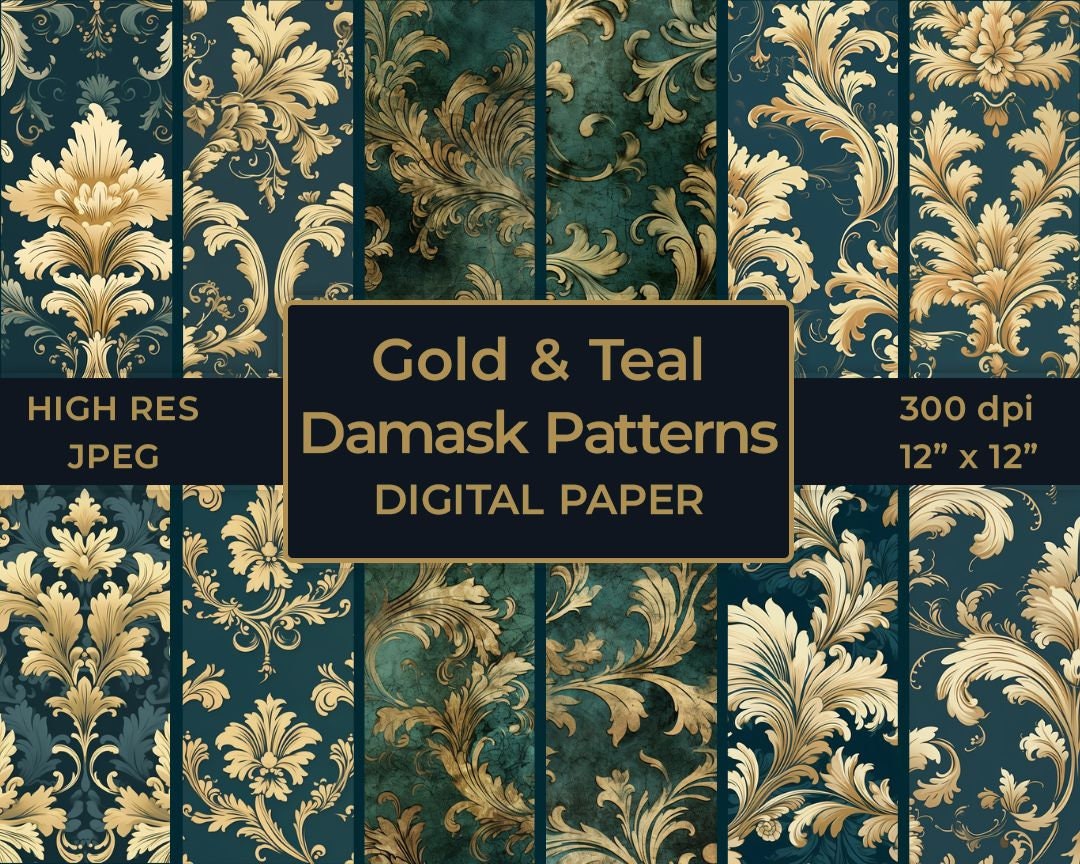 Enchanting Teal & Gold Damask Seamless Digital Paper Royal Damask ...