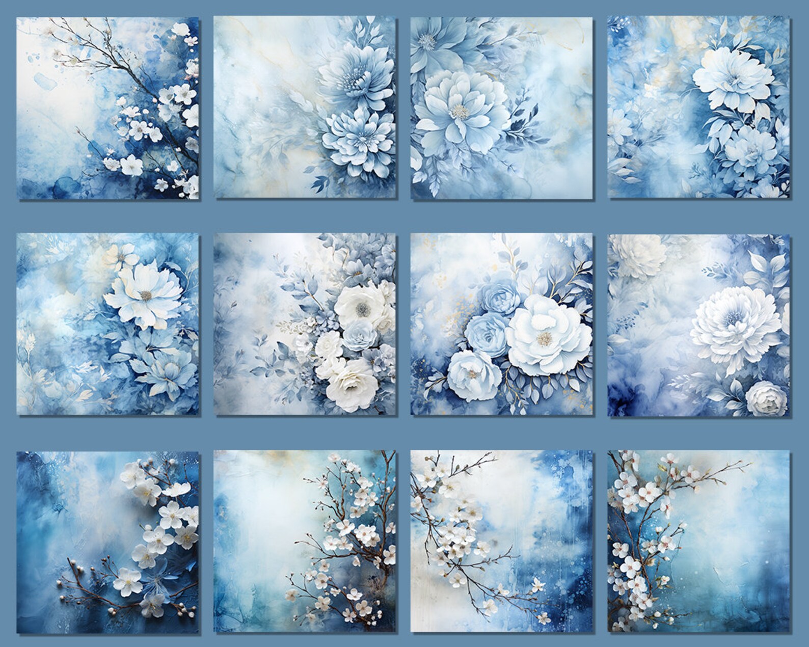 Dusty Blue Floral Digital Paper Watercolor Abstract Blue Texture ...