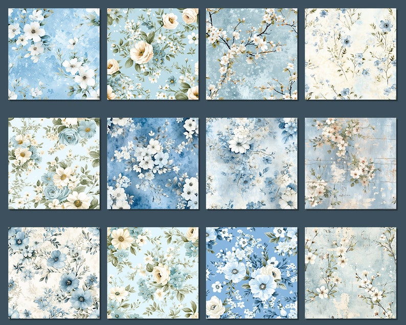 Watercolor Blue Floral Digital Paper Shabby Blue Seamless - Etsy