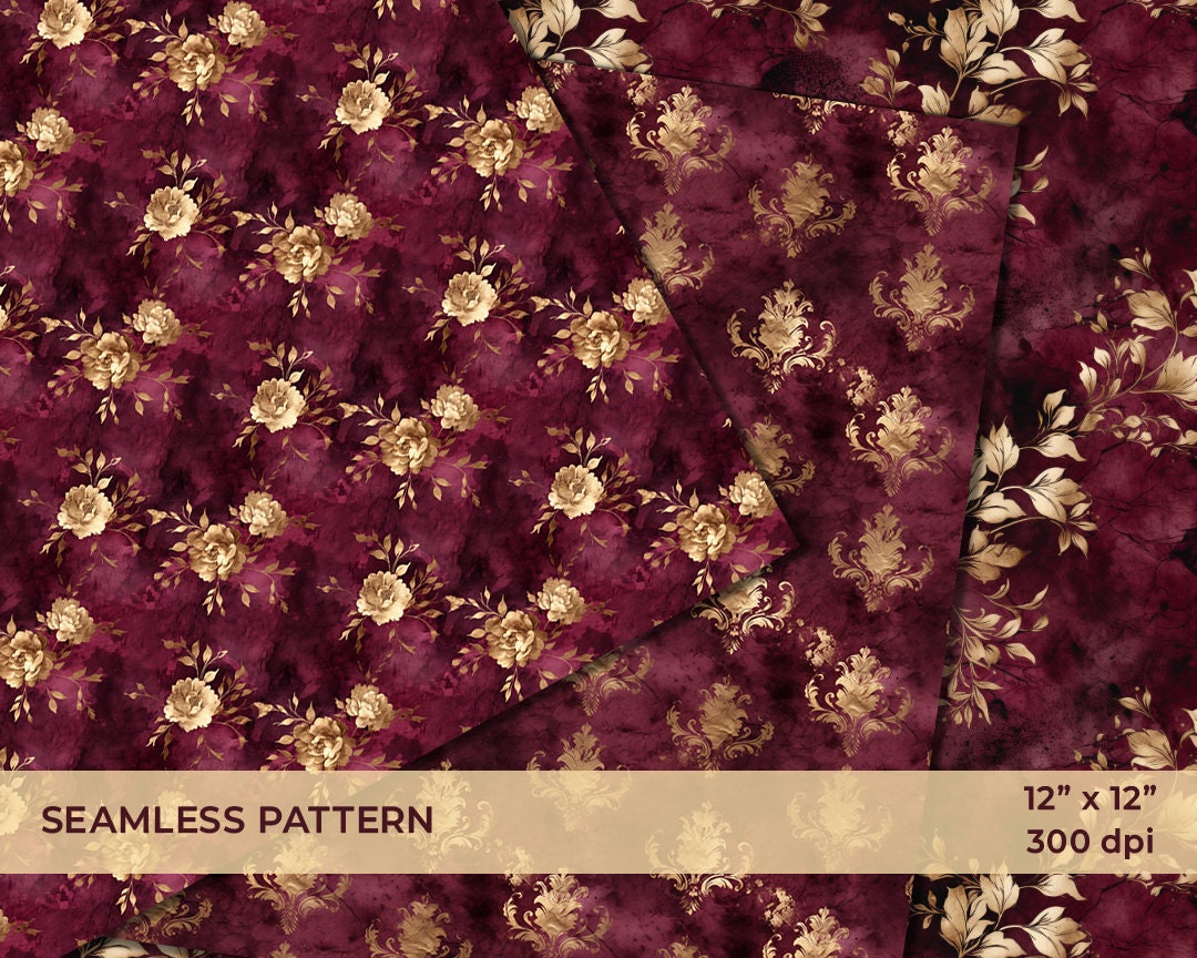 Burgundy & Gold Digital Paper Seamless Luxury Paper Vintage Scrapbook ...