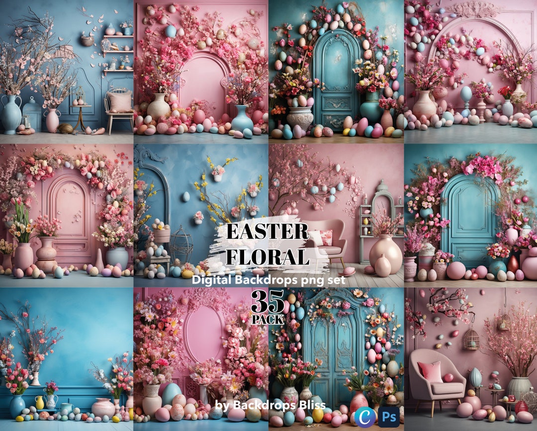 Boho Easter Spring Digital Backdrop Pink Boho Digital Backdrop Girls Blue Easter Digital ...