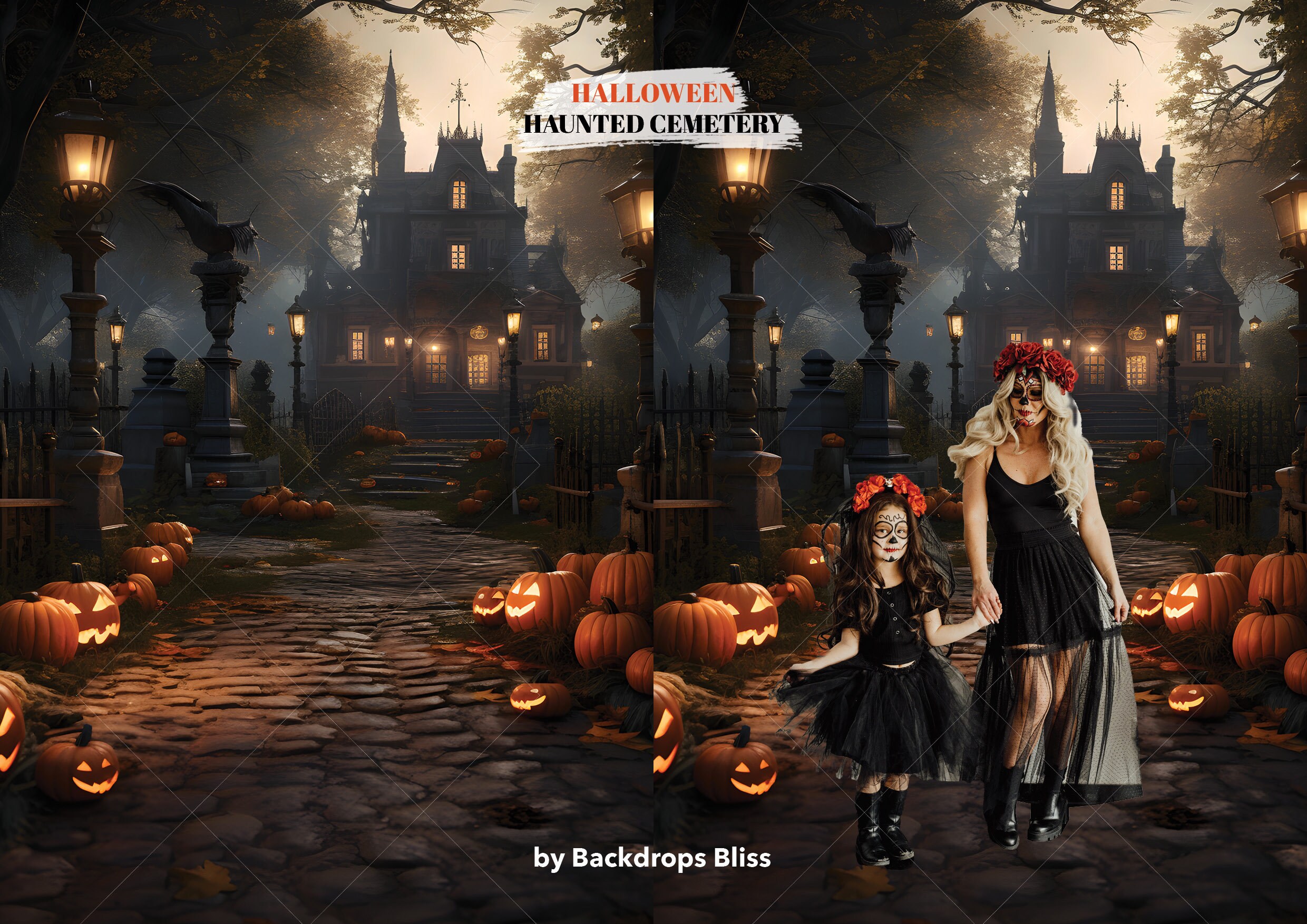 Halloween Backdrop Haunted Cemetery Digital Background - Etsy