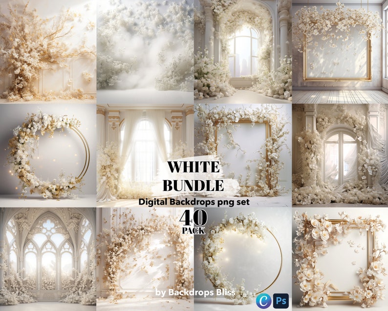 White Floral Photography Backdrop Bundle, Wedding, Maternity (digital ...